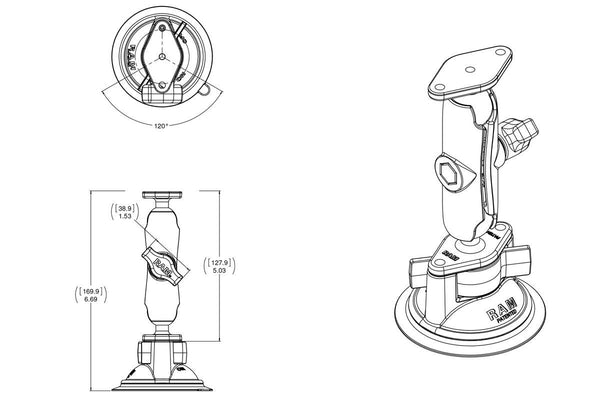 RAM Twist-Lock™ Suction Cup with Double Socket Arm and Diamond Base ...