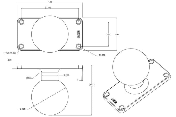 RAM D Size 2.25" Ball on Rectangular Plate with 1.5" x 3.5" 4-Hole ...